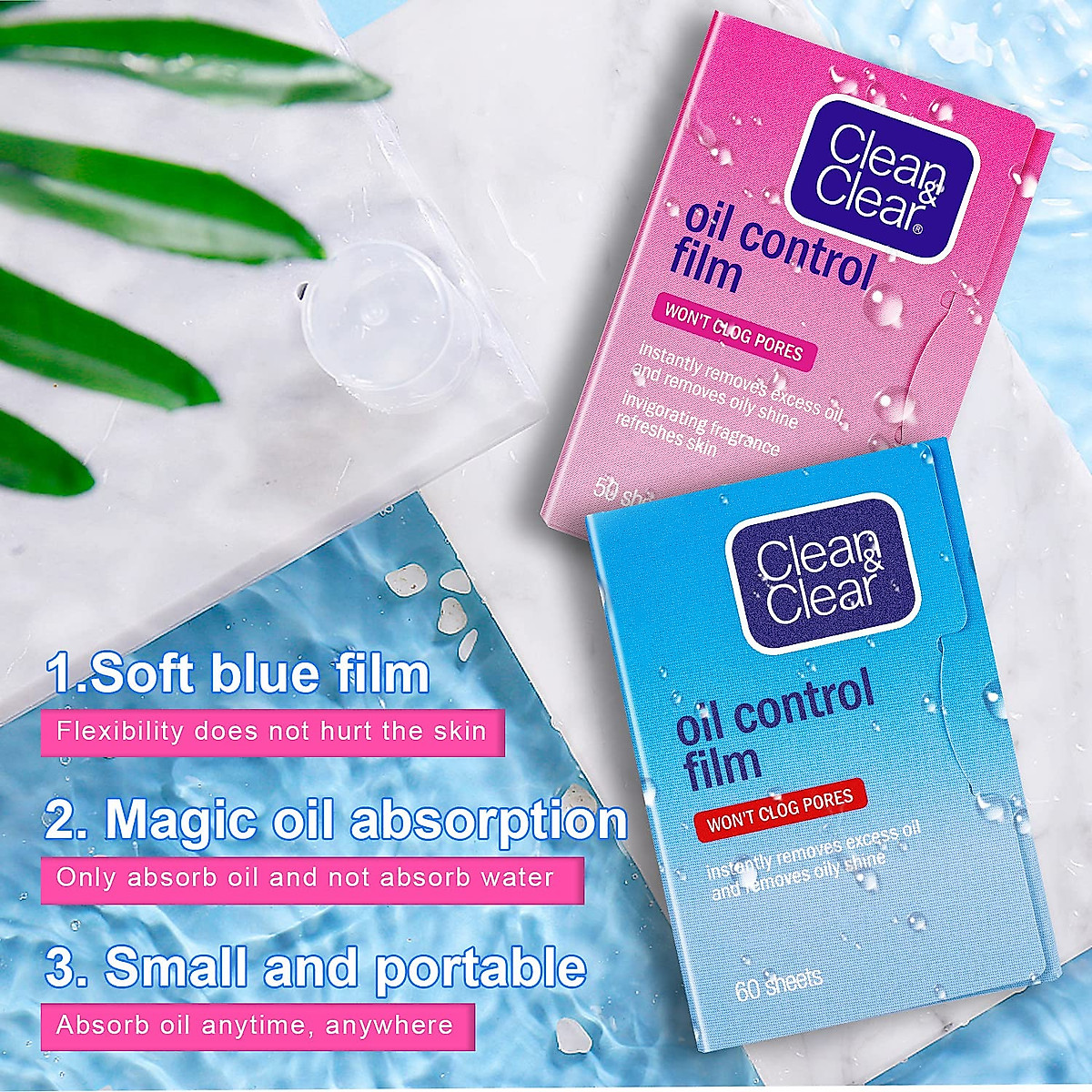 Oil Absorbing Tissues Oil Control Film, Oil Blotting Paper Same Series with Clean & Clear Oil Absorbing Facial Sheets for Oily Skin, 60 sheets Blue + 50 sheets Pink