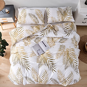 Megsv Leaves Duvet Cover Set Golden Tropical Leaf Comforter Cover with Pillow Sham Soft Bedding Set No Comforter (King)