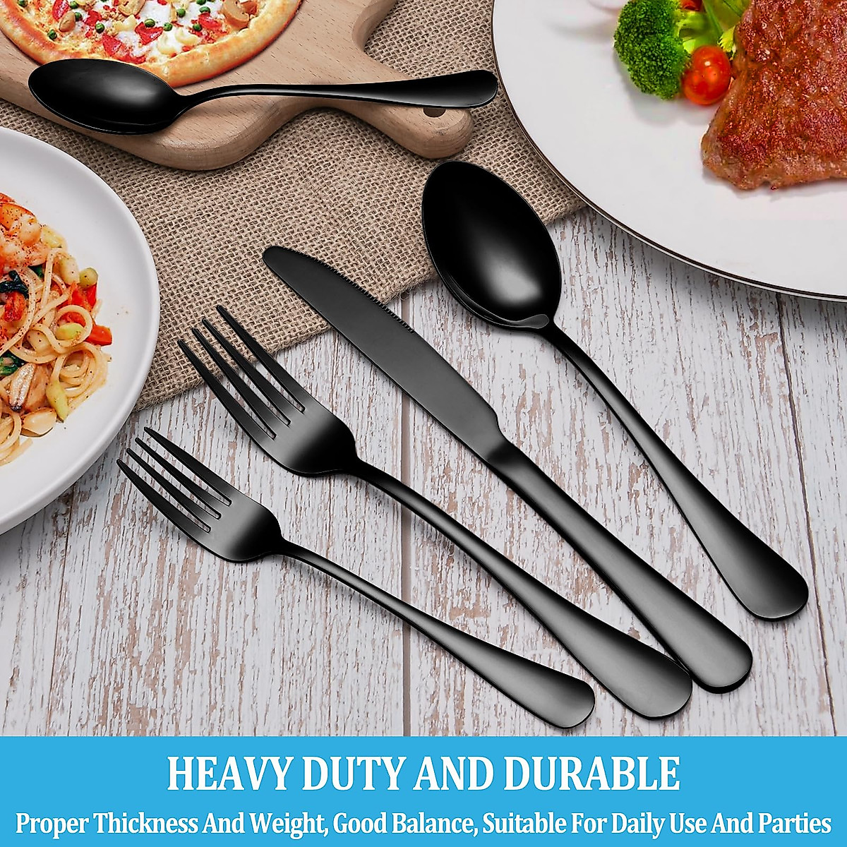 30 Pcs Black Silverware Set, Stainless Steel Flatware Set Service for 6, Mirror Polished Cutlery Utensil Set, Durable Home Kitchen Eating Tableware Set, Include Fork Knife Spoon Set, Dishwasher Safe