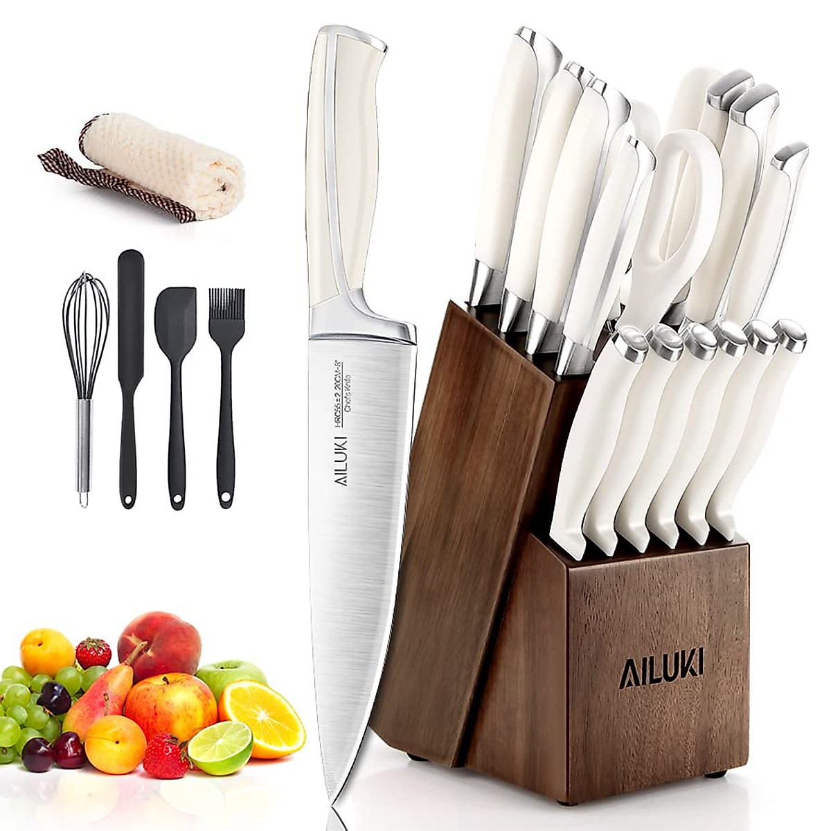 Knife Set,18 Piece Kitchen Knife Set with Block Wooden and Sharpener, Professional High Carbon German Stainless Steel Chef Knife Set, Ultra Sharp Full Tang Forged White Knives Set