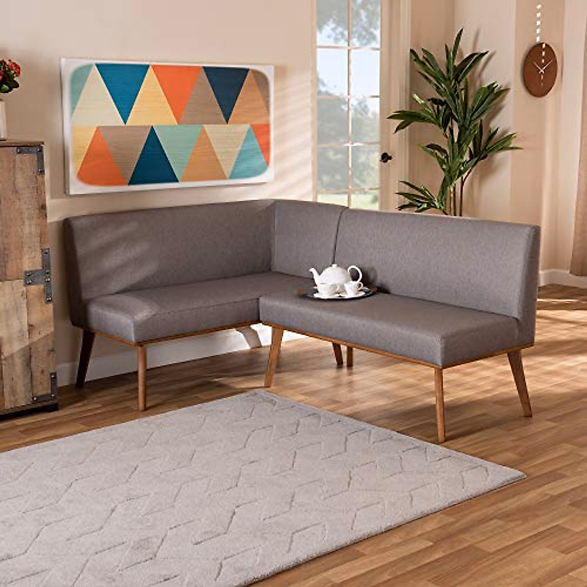 Baxton Studio Odessa Corner Sofa Bench Grey Fabric Upholstered and Walnut Brown Finished Wood 2-Piece Dining Corner Sofa Bench