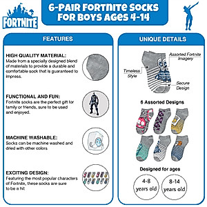 Fortnite Boys Socks, 6 Pack Kids Ankle Socks for Boys, Boys No Show Socks, Fortnite Ankle Socks for Boys Fortnite Patterns