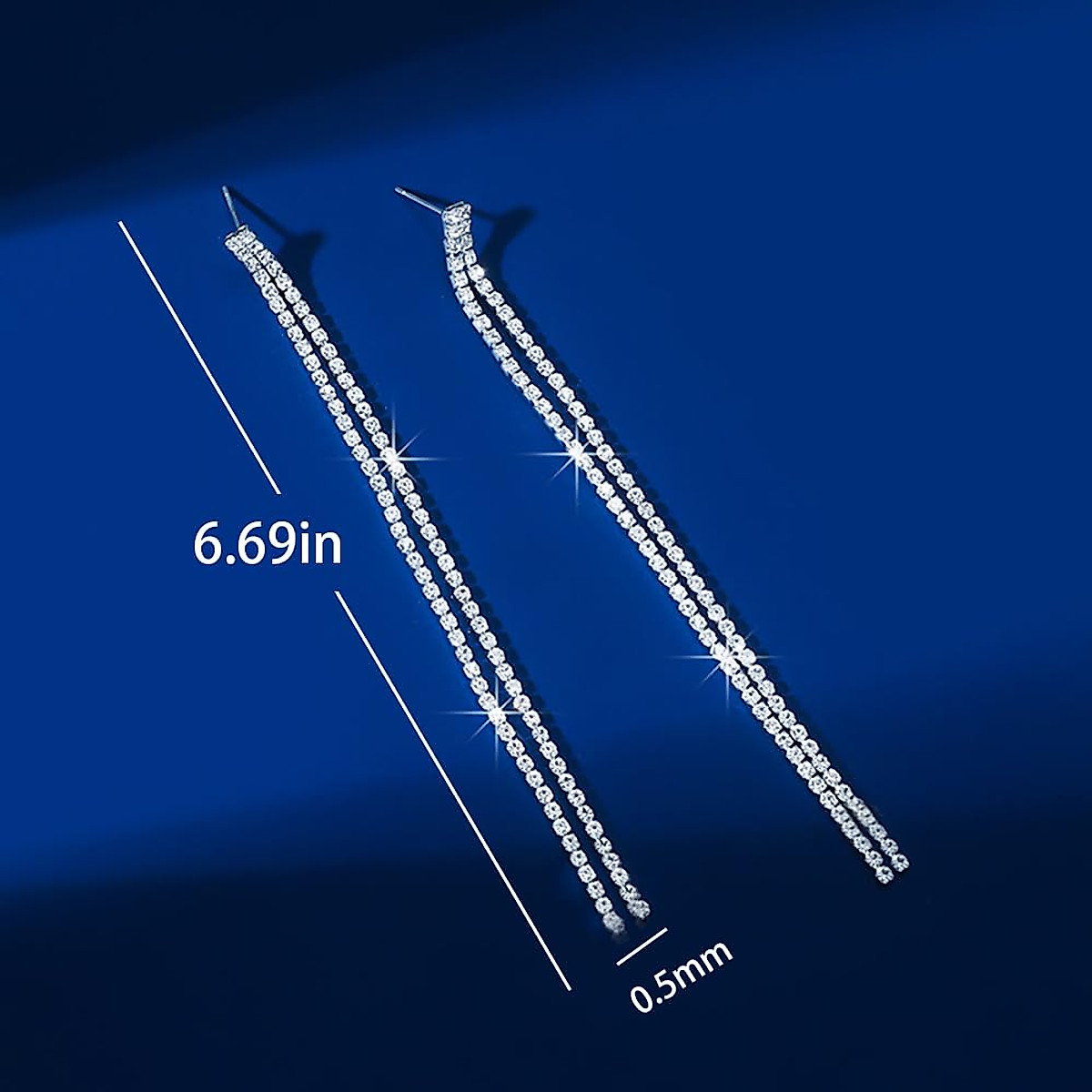 HUJUON Elegant Long Rhinestone Chain Earrings. Punk Double Strand Tassel Line Earrings Minimalism Crystal Drop Earrings for Women Wedding Jewelry (Silver)