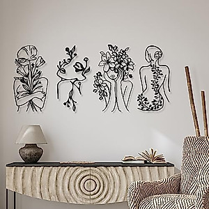 Therwen 4 Metal Minimalist Abstract Woman Wall Art Decor Line Drawing Modern Single Line Female Home Decor Hanging Abstract Woman Body Shape Art Print for Bedroom Living Room Bathroom, 17 x 10 in