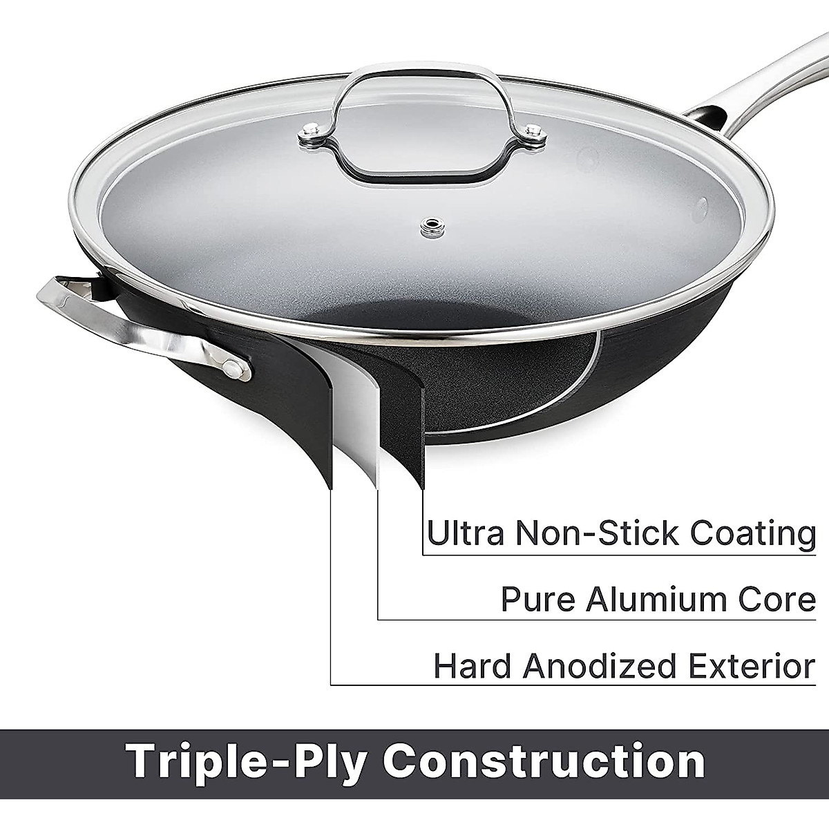 Qstar 12 inch Hard-Anodized Nonstick Wok Stir-Fry Pan with Lid and Stainless Steel Handle, Flat Base Pan, Dishwasher Safe