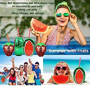 2 PCS,Watermelon and Strawberry Disco Ball Cups With Red Straw,for Party, Removable and Reusable,at The Seaside and Pool.