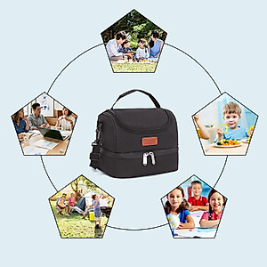 Femuar Kid Lunch Bag For Boys &Girl, Children Insulated Lunch Box Dual Compartments Small Lunch Cooler Bag , School,Travel, Gift, Black