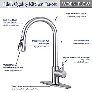 Kitchen Faucet with Pull Down Sprayer, Single Handle High Arc Kitchen Faucets 360 Degree Swivel, Kitchen Sink Faucet with Deck Plate, Stainless Steel Brushed Nickel
