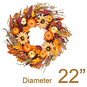 HomeKaren Fall Wreaths for Front Door 22 Inch, Autumn Wreath with Berry Pumpkin, Maple Leaves, Thanksgiving Harvest Festival Decorations Indoor and Outdoor