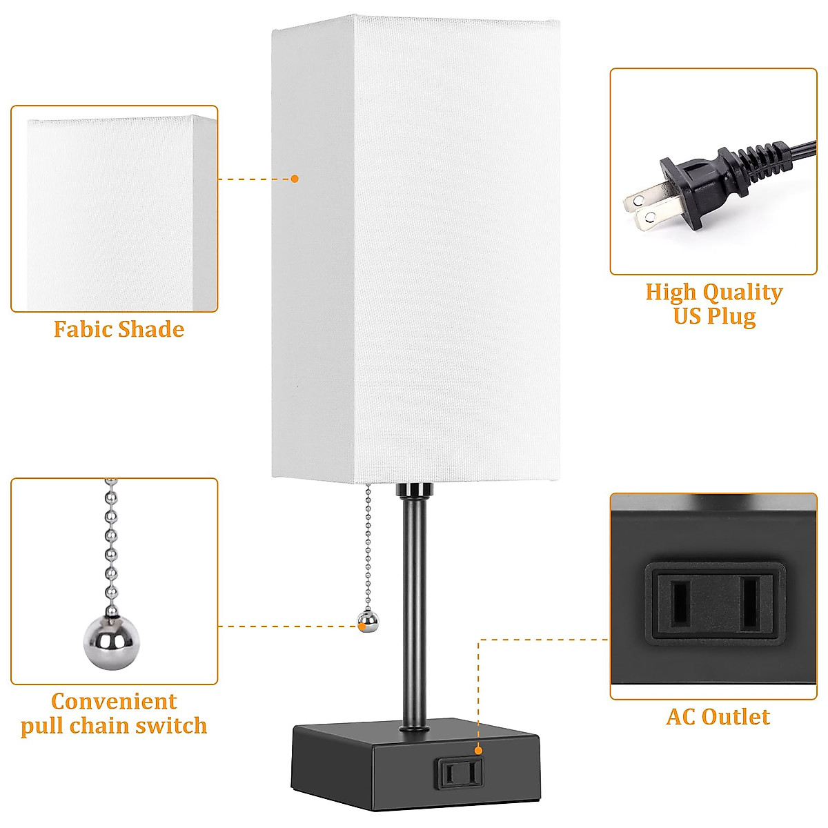 Dott Arts Table Lamp for Bedroom Set of 2,Minimalist Bedside Lamps with AC Outlets，Night Light 2700K 4000k 5000K Small Nightstand Lamps for Living Room Kids Room Office(Bulbs Included)