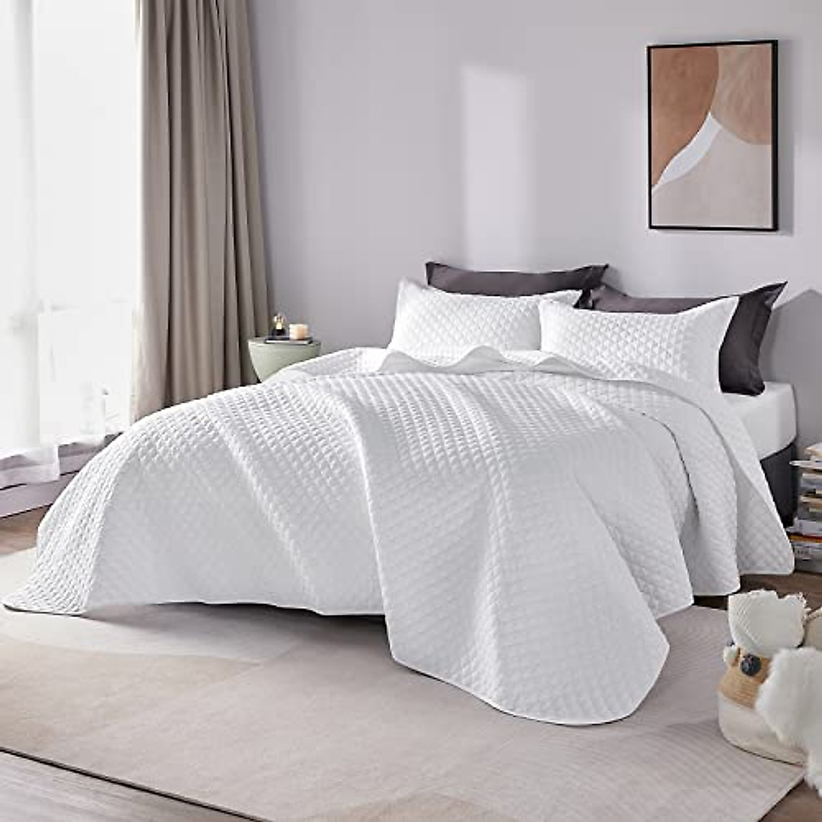 CozyLux Quilt Set Twin Size White 2 Pieces - Lightweight Soft Bedspread - Lantern Ogee Pattern Coverlet Bedding Set for All Season - 1 Quilt and 1 Pillow Sham - White, 68"x86"