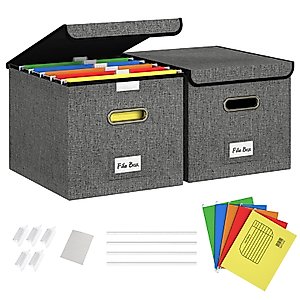 Forlogic File Organizer Box with lid, Collapsible Linen File Storage Boxes for Letter/Legal Folder, Filing Box, Decorative File Box with Hanging Folders for File Storage in Office/Home