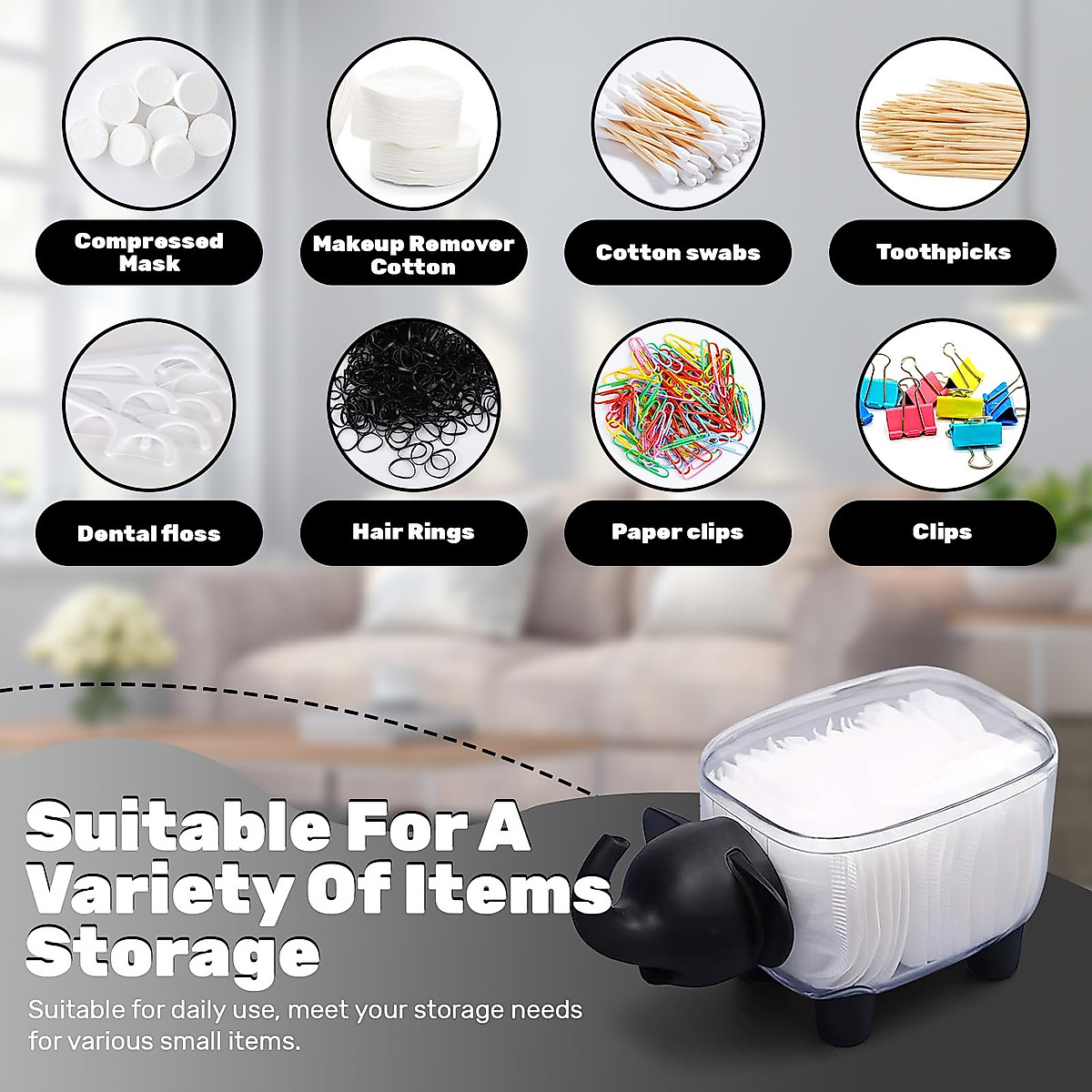 Roucerlin 2 Pack Clear Elephant Shape Cotton Swab Holder, Cute Cotton Pad Ball Dispenser, Plastic Storage Container Bathroom Canisters with Lids for Floss Toothpick Vanity Organizer (Elephant)