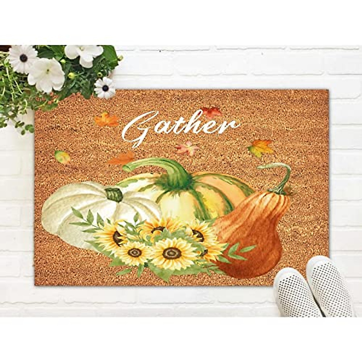 Fall Gather Coir Doormat Weather Resistant Door Mats Outdoor Funny Indoor Outdoor Welcome Front Entrance Doormat Autumn Pumpkin Sunflowers Fall Welcome Mat Front Door Entryway Mats 16x24in