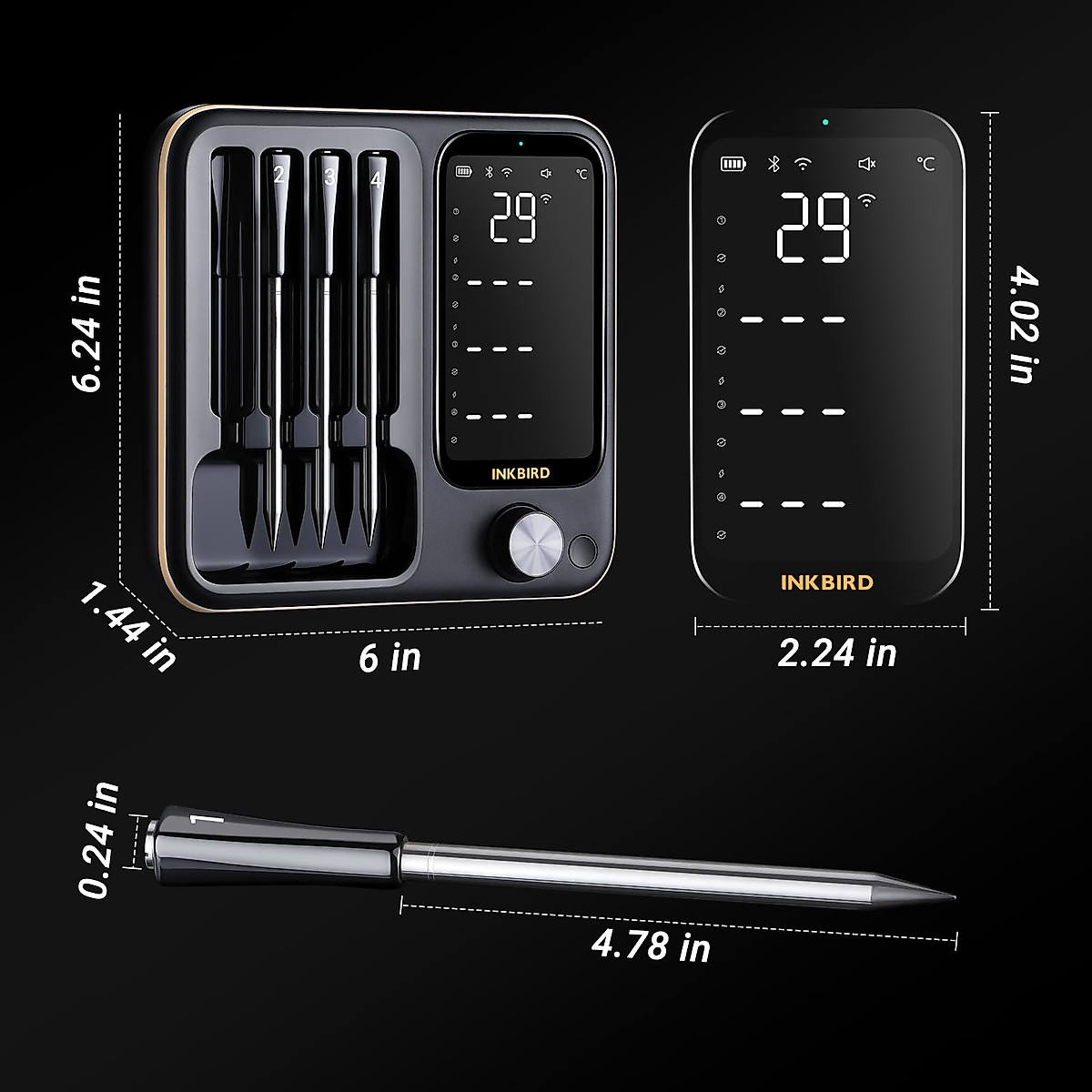 Inkbird Grill Thermometer,Bluetooth Smoker Thermometer,Cooking Digital BBQ Thermometer with 150FT,Alarm and Timer Kitchen Meat Thermometer for Grilling,Roasting,Oven,3 Meat Probes and 1 Oven Probe