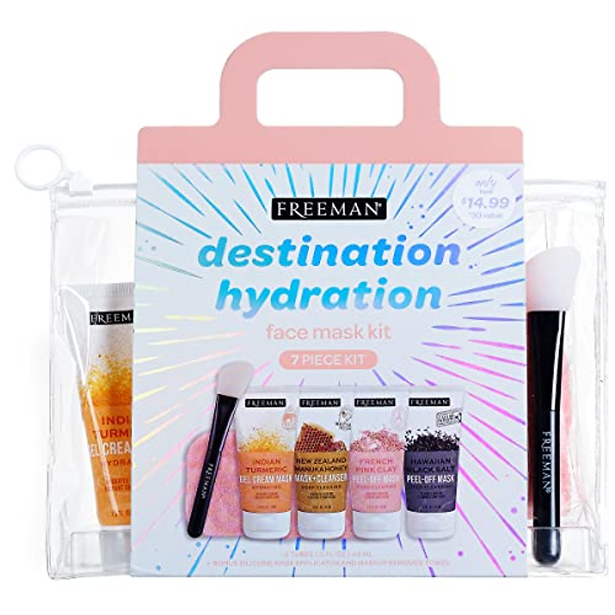 Freeman Limited Edition Destination Hydration Kit, Mini Travel Sized Face Masks, Moisturizing Masking Set, Skincare Variety Pack, Pore Clearing & Cleansing, Cruelty-Free, 7 Piece Gift Set