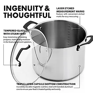 GrandTies Tri-Ply Stainless Steel Stock Pot Induction Cookware – 12 QT Capsule Bottom Stainless Steel Pot, Marquina Black Metal Handles Kitchen Cooking large Pot with Lid, Dishwasher Safe Pot & Pan