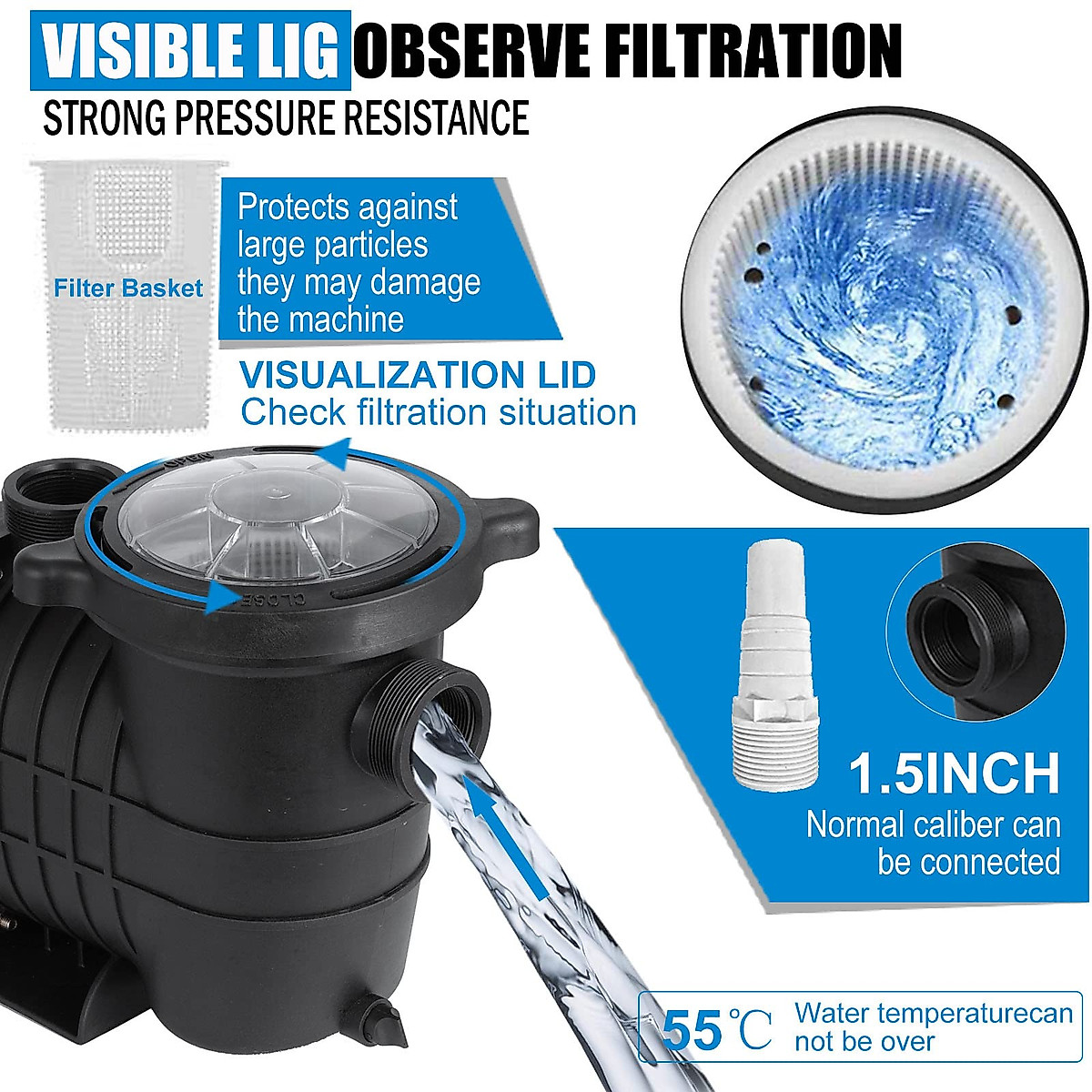 TOPDEEP 2HP Pool Pump Inground, Self Primming pool pump above ground, 6800 GPH Swimming pool pumps Dual voltage with Strainer Basket 1500W