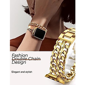 JR.DM Gold Watch Bands for Women Compatible with Apple Watch Band 38mm 40mm 41mm 42mm (S10) Adjustment Metal Band Cowboy Steel Chain Bracelet for iWatch Series 9/8/7/6/5/4/3/2/1/SE/Ultra (No Case)