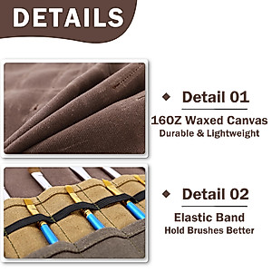 Kaaltisy Artist Brush & Pencil Holder Case, Portable Paintbrush Storage Roll with Tie Rope & 2-Layer Slots - Heavy Duty 16OZ Waxed Canvas Paintbrush Roll | Brown