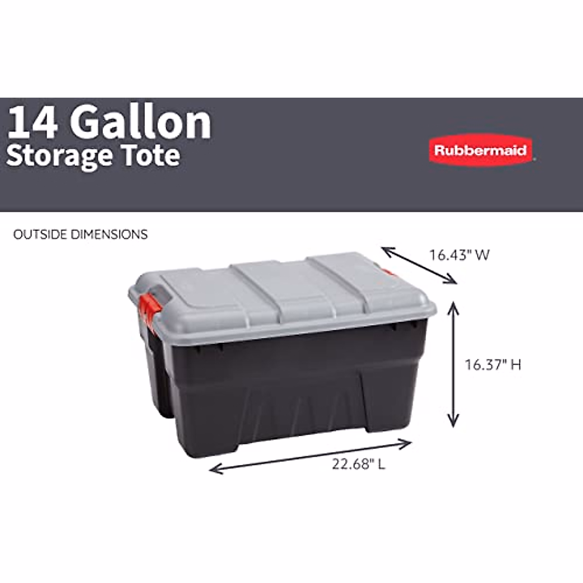 Rubbermaid Pack & Go 14 Gal Storage Tote, Durable Design and Easy to Transport, Built-In Handles, Tie Down Channels and Lockable Snap Tight Lid, Black Base with Gray Lid and Red Handles, Pack of 3