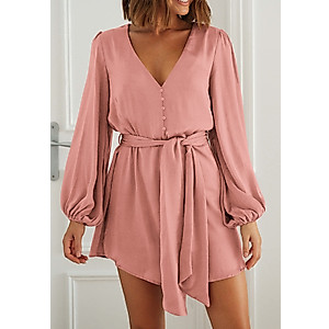 PRETTYGARDEN Women's Spring Long Puff Sleeve Satin Dress V Neck Cocktail Party Belted Short Formal Dresses (Dusty Pink,Medium)