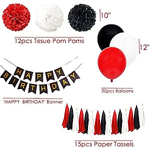 InBy 49pcs Red and Black Birthday Party Decoration Kit for Women Girl Happy Birthday Banner 10" Tissue Paper Flower Pom Pom Tassel Latex Balloon Garland Mickey Mouse Pirate Theme Birthday Party Supply