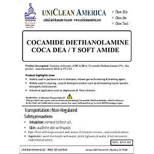 Cocamide Diethanolamine - COCA DEA - Cocamide DEA 85% - UniClean America - Made in USA - Size: 16 fl oz