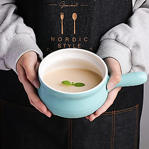 Sweejar Porcelain Soup Bowls with Handle, 22 OZ Ceramic Serving Crocks for French Onion Soup, Pumpkin Soup, Oatmeal, Stew, Dishwasher and Microwave Safe, Set of 4 （Turquoise ）