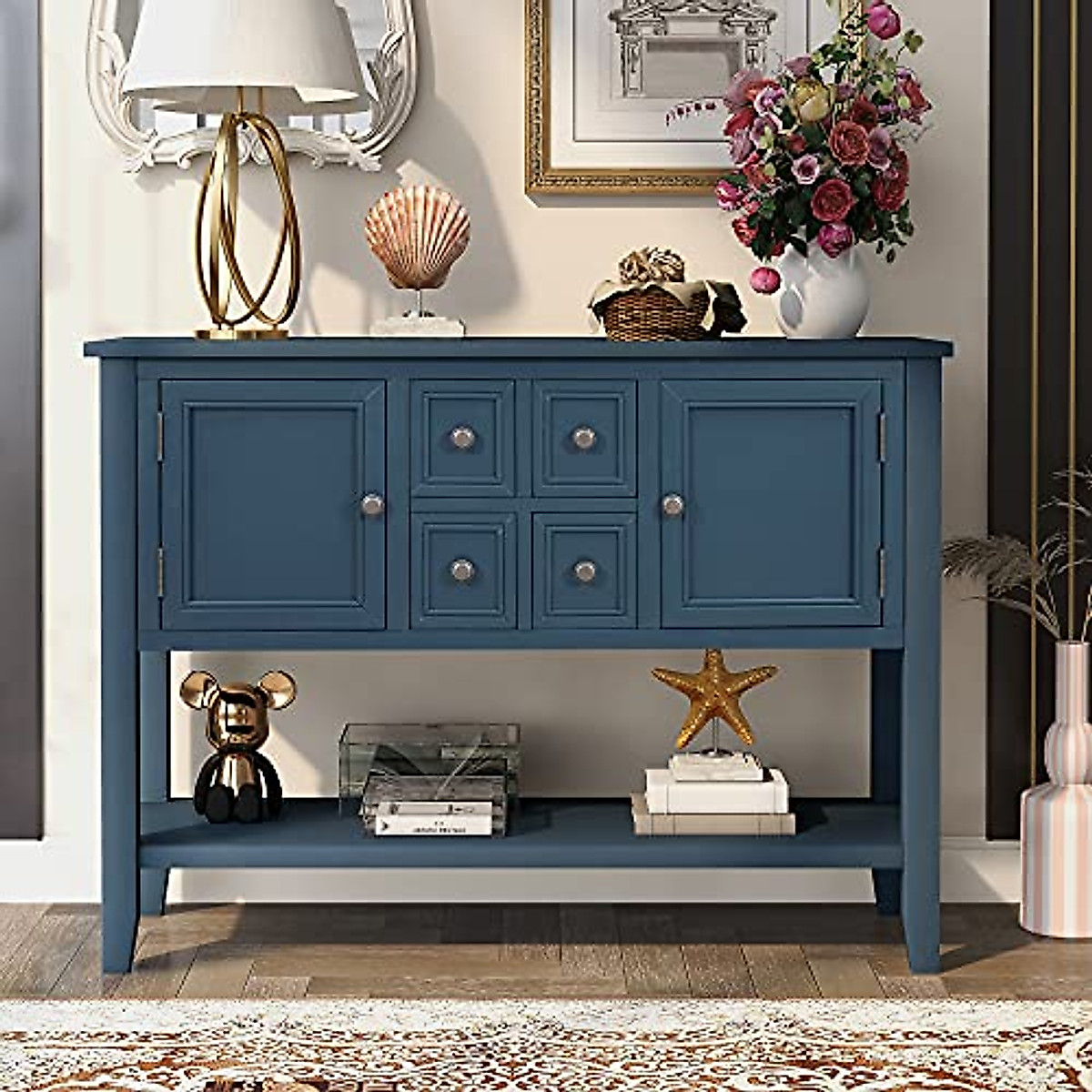 Anwick Buffet Sideboard, Wood Storage Cabinet, Console Table with Storage Shelf, 4 Drawers and 2 Cabinets, Wood Buffet Server for Living Room Kitchen Dining Room (Navy)