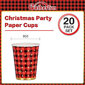 Gatherfun Christmas Cups, Red and Black Plaid Golden Christmas Tree Disposable Paper Cups for Christmas Party Supplies Decorations, 9 OZ 20 Pack