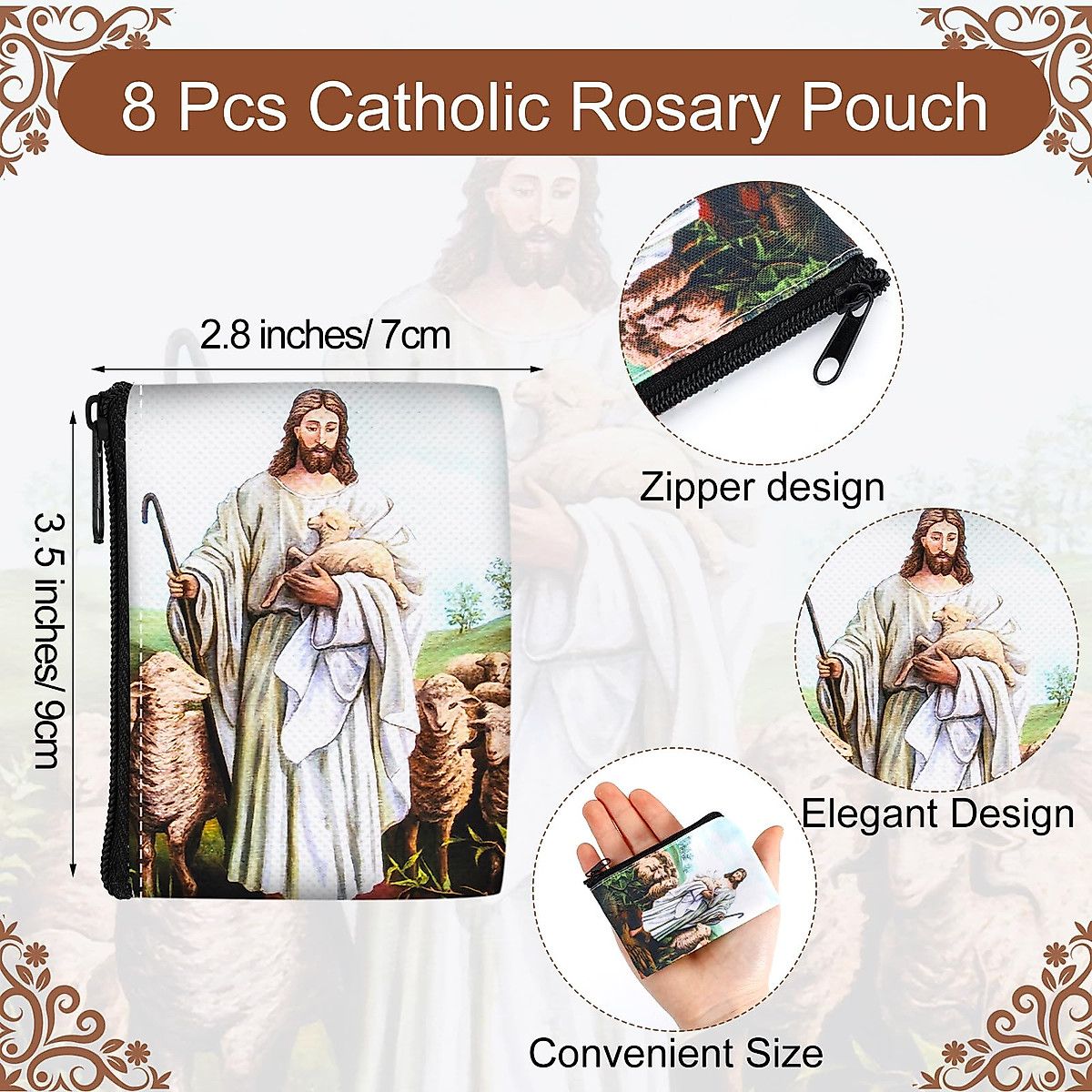Windyun 8 Pcs Catholic Rosary Pouch 3.5'' x 2.8'' Coin Purse Rosary Holder Rosary Bag Icon Bag with Zipper for Prayer Storage (Religious)