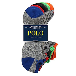 Polo Ralph Lauren 6-Pack Technical Sport Ped Socks (One Size, Grey Multi)