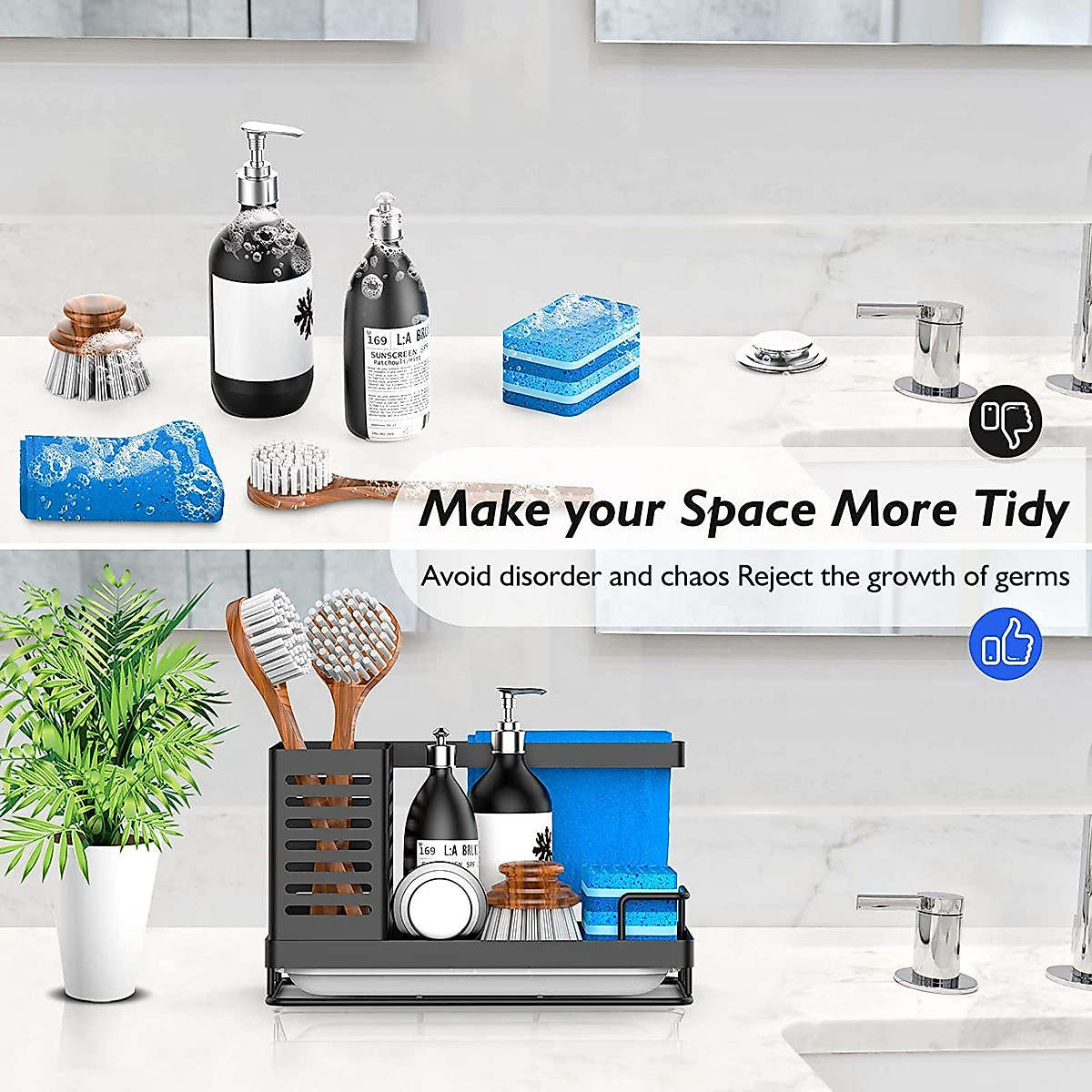 MURLONG Sink Caddy, Kitchen Sink Organizer Sponge Holder, Kitchen Sink Accessories Stainless Steel, Sink Brush Holder with Removable Drain Tray for Sponge, Dish Brush, Soap, Scrubber, Dishcloth-Black