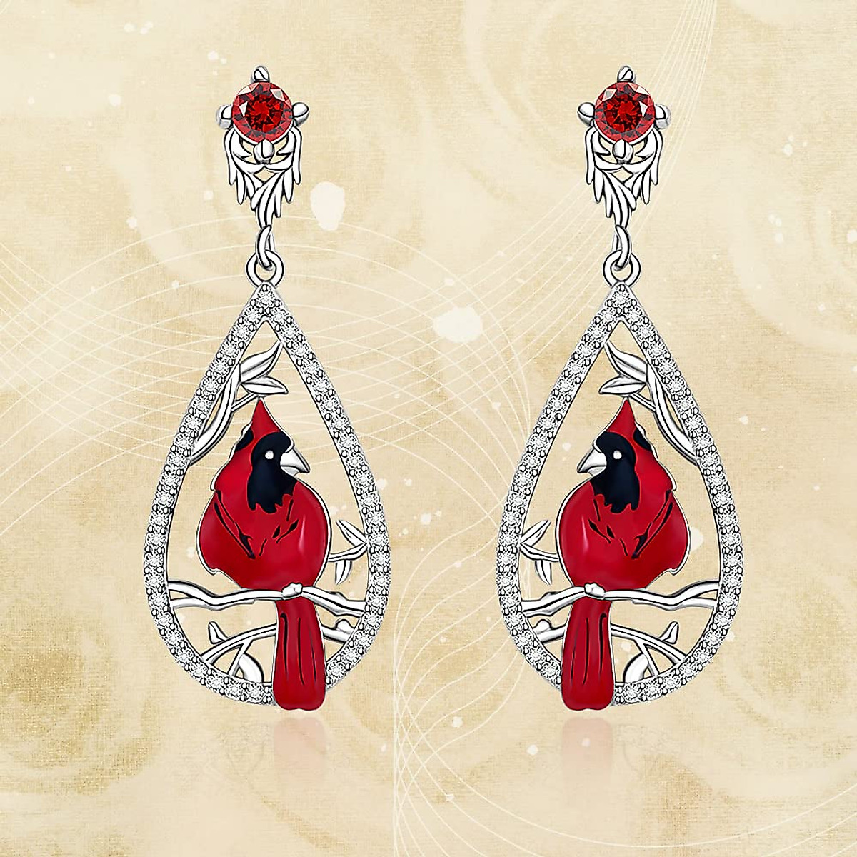 Cardinal Earrings for Women S925 Sterling Silver Teardrop Dainty Cute Dangle Drop Piercing Stud Red Fashion Hypoallergenic Crystal Ruby Animal Bird Valentine's Day Jewelry