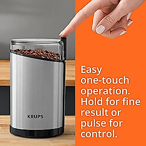 Krups Fast-Touch Stainless Steel Coffee and Spice Grinder 3oz, 85 gr bean hopper Easy to Use, One Touch Operation 200 Watts Coffee, Espresso, French Press, Spices, Dry Herbs, Nuts, 12 cups Silver