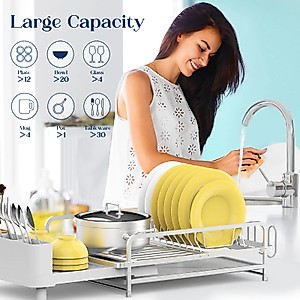 ACMETOP Dish Drying Rack 19" to 27" Expandable Large Capacity Dish Rack Heavy Duty Dish Drainer with Removable Cutlery Rack Cup Holder Aluminium Dish Racks for Kitchen Counter