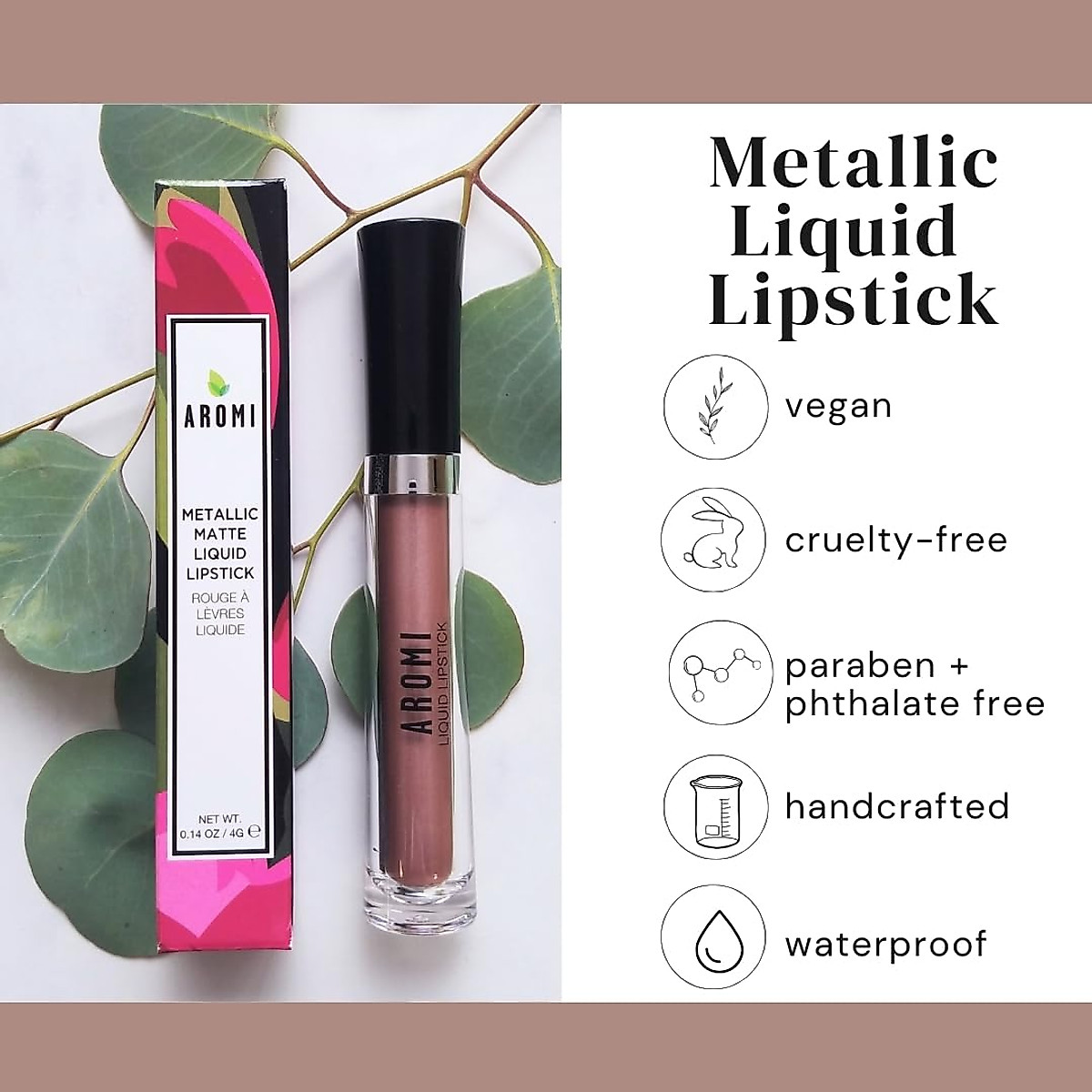 Aromi Metallic Liquid Lipstick | Smudge and Smear Proof, Long-lasting, Light Brown, Nude Lip Color with Shimmery Finish, Vegan, Cruelty-free, Gluten Free (Brown Sugar)