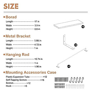 iPeTata Floating Shelves, Wall Mounted Rustic Wood Wall Storage Shelves for Bathroom, Bedroom, Kitchen, Living Room, Office and Coffee Bar Wine Bar, with Towel Bar and 5 Hooks, Set of 3 (Brown)