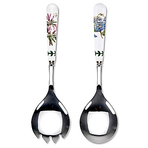 Portmeirion Botanic Garden Set of 2 Salad Servers | 10 Inch Salad Serving Set | Azalea and African Lily Motifs | Made from Stainless Steel and Porcelain