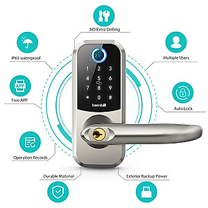 Fingerprint Smart Door Lock with Handle - Hornbill Keyless Entry Door Lock with Lever - Smart Electronic Digital Front Door Keypad - Auto Lock Code App Fob Alexa for Apartment Office - Silver