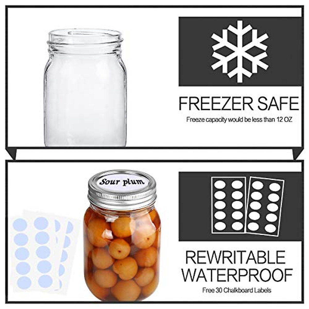 KAMOTA Mason Jars 12 oz With Regular Lids and Bands, Ideal for Jam, Honey, Wedding Favors, Shower Favors, DIY Spice Jars, 24 PACK, 30 Labels Included