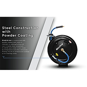 BLUBIRD BBR1265 18ga. Retractable Hose Reel with 1/2" x 65' Air Hose, 12 Point Ratcheting Gear, Next-Gen Rubber, Lightest, Strongest, Most Flexible, 300 PSI, 50F to 190F Degrees, Polyester Braided
