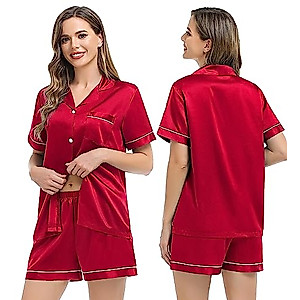 SWOMOG Womens Silk Satin Pajamas Short Sleeve Sleepwear Two-piece Loungewear Button-Down Pj Set Nightwear Red