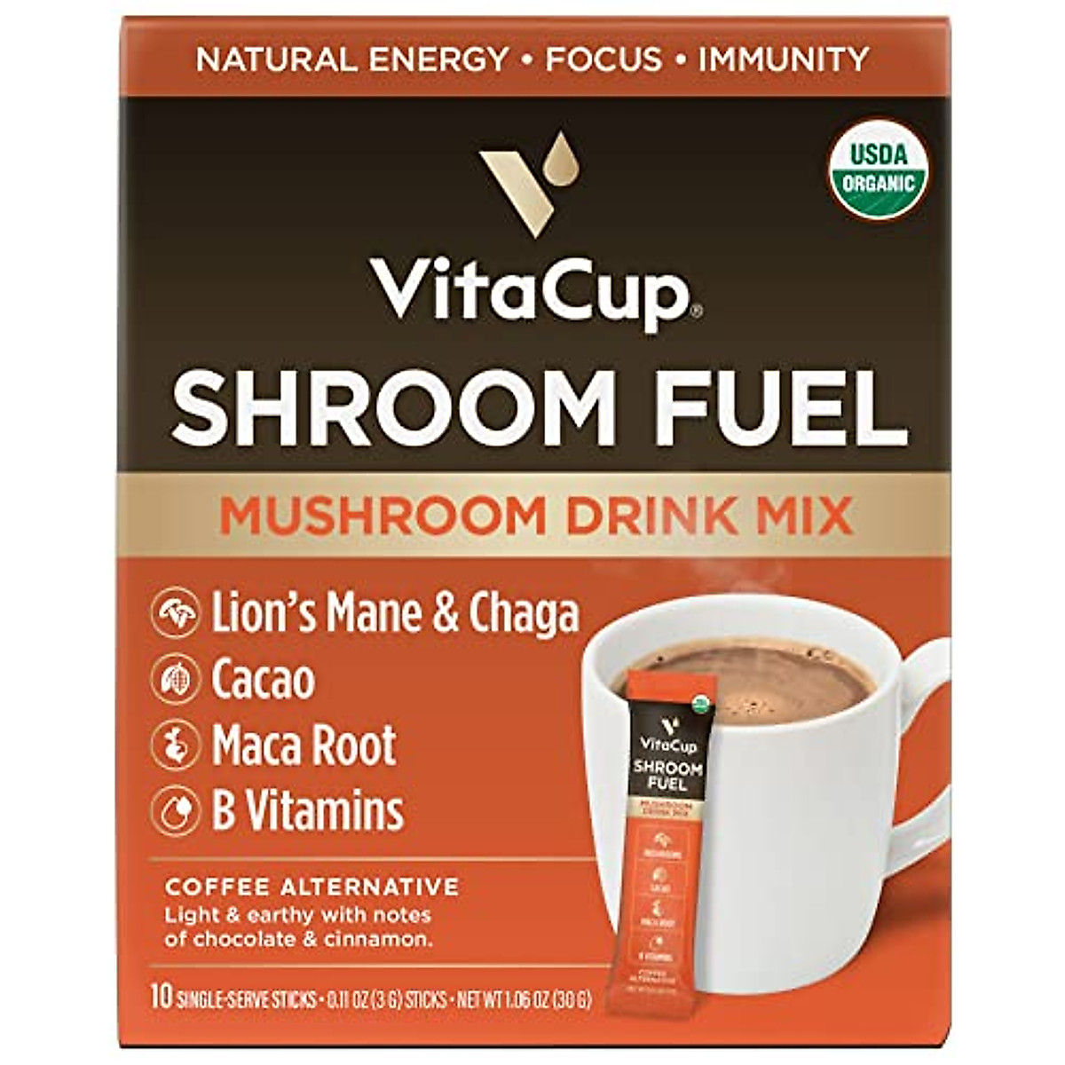 VitaCup Shroom Fuel, Mushroom Based Coffee Alternative Packets, Mushroom Coffee Substitute w/ Cacao, Cinnamon, Chaga, Lions Mane, & Maca for Energy, Immune Support, & Focus, 10 ct