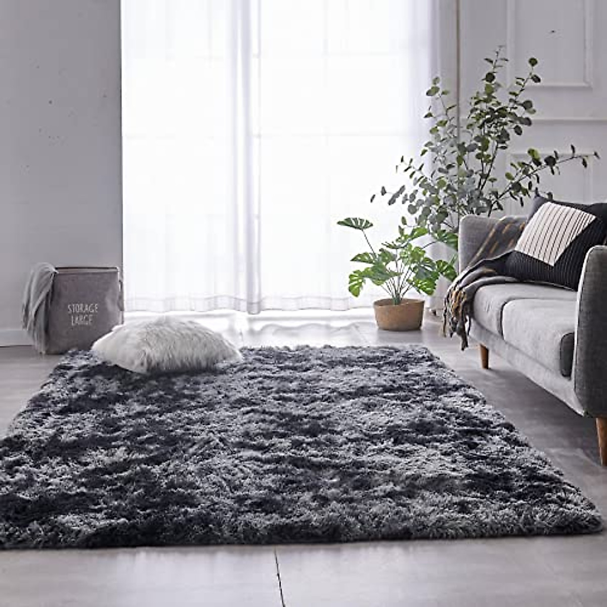 TABAYON Shag Area Rug, 5x7 Ft Tie-Dyed Dark Grey Upgrade Anti-Skid Durable Rectangular Cozy , High Pile Soft Throw Rug for Nursery Room Living Room