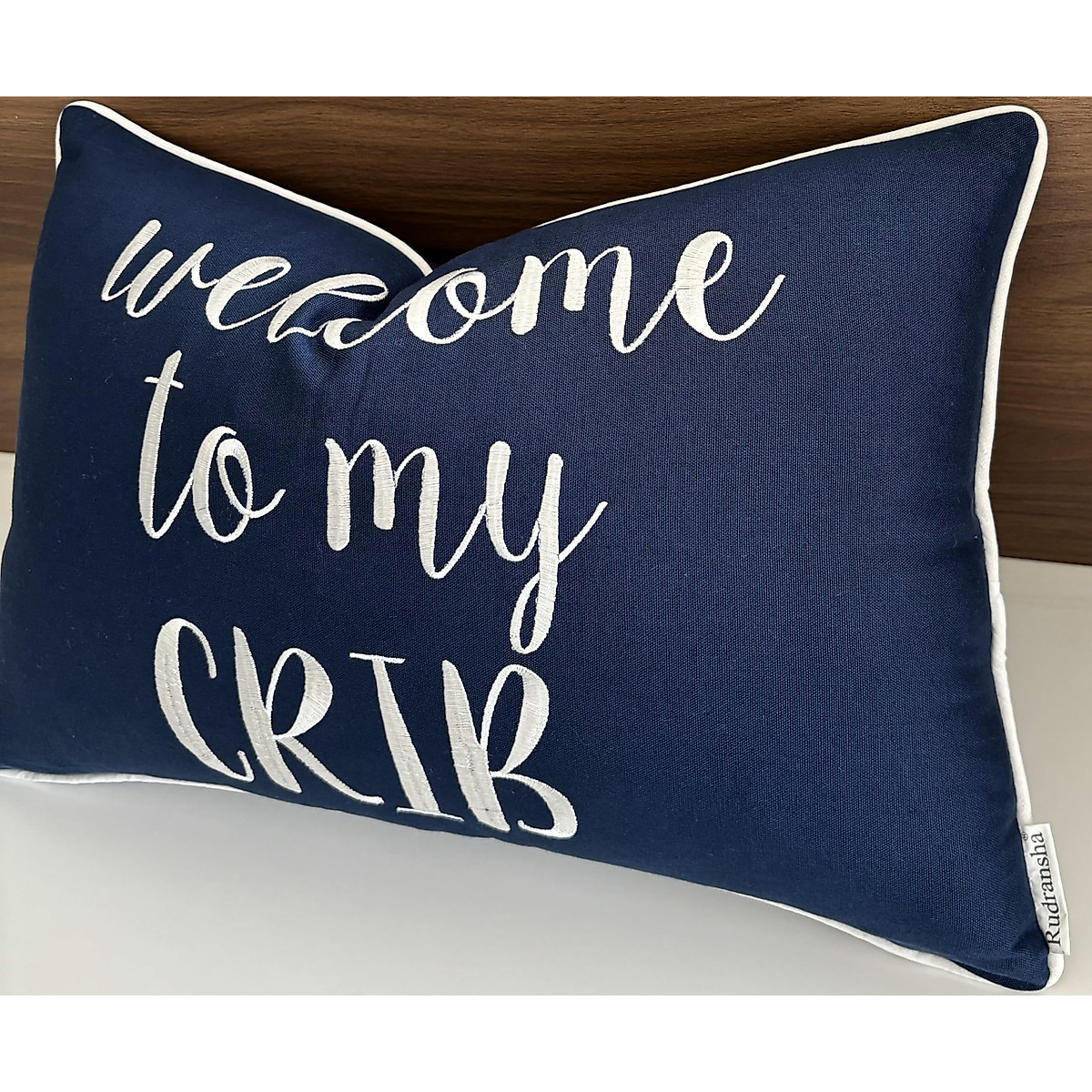 Rudransha Welcome to My Crib Embroidered Lumbar Accent Throw Pillow Cover - Nursery Decor - 12x18, Navy Blue