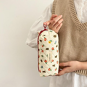 BILIPOPX 3 Pack Kawaii Cute Makeup Bag Bear Aesthetic Travel Quilted Cotton Cosmetic Bag Organizer Toiletry Pouch for Women Teen Girls (Bear Flower)