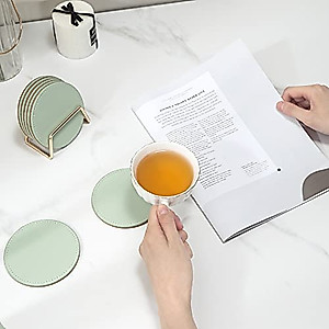 Coaster Set of 6 with Metal Holder Leather Coasters Cup Coaster for Coffee Table Absorbent Coaster Housewarming Gift for Tabletop Protection Home Decor (Green)