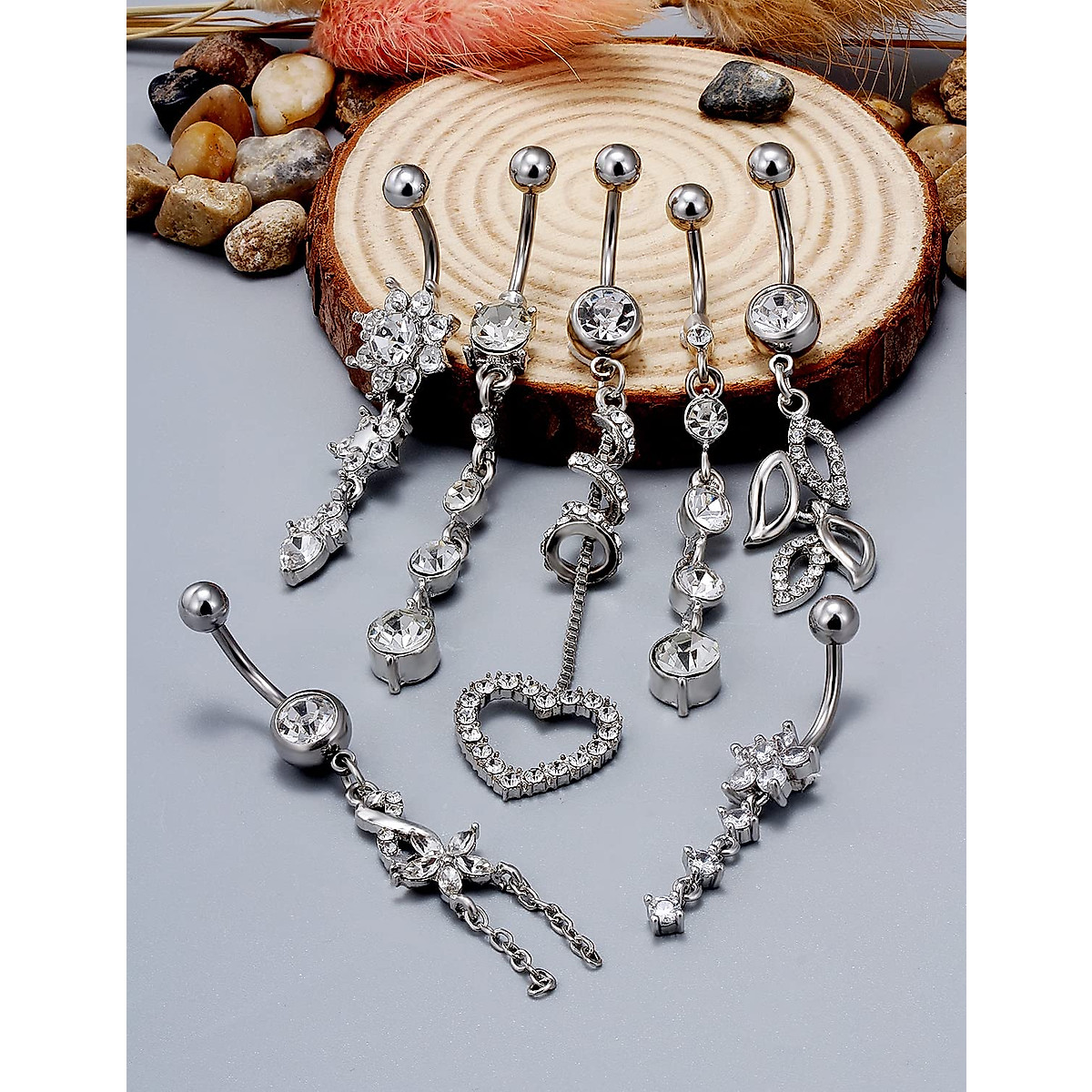 Vsnnsns Belly Button Rings, 7Pcs 14G Stainless Steel CZ Opal Long Dangle Piercing Jewelry for Women Men, Silver